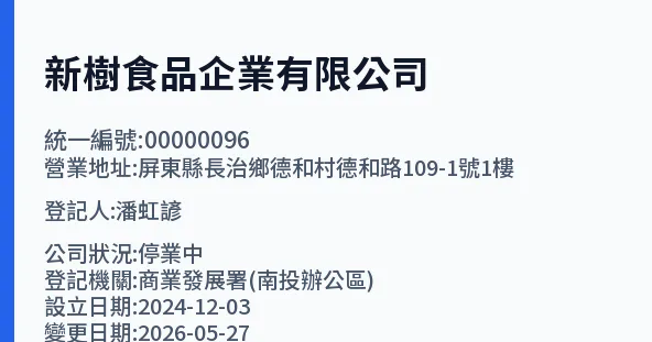 新樹食品企業有限公司的照片-統編 00000096(屏東縣) 公司登記資料與營業項目詳細圖表
