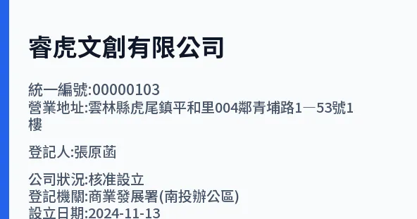 睿虎文創有限公司的照片-統編 00000103(雲林縣) 公司登記資料與營業項目詳細圖表