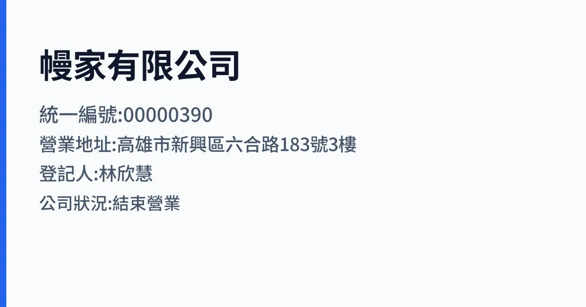 幔家有限公司 - 統編 00000390(高雄市) 公司登記資料與營業項目詳細圖表