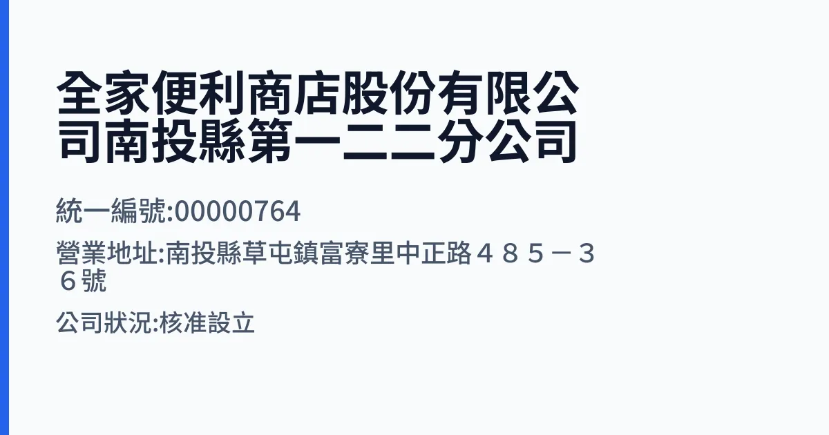 全家便利商店股份有限公司南投縣第一二二分公司 - 統編 00000764(南投縣) 公司登記資料與營業項目詳細圖表