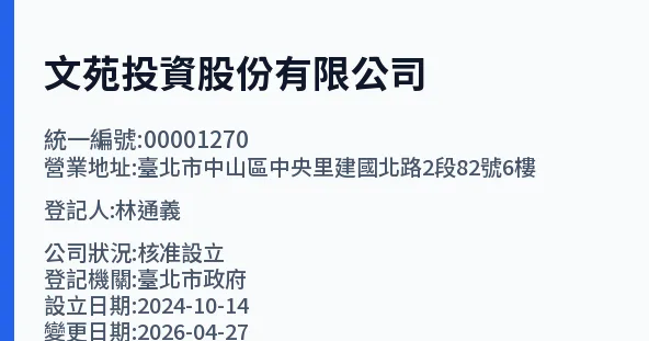 文苑投資股份有限公司的照片-統編 00001270(臺北市) 公司登記資料與營業項目詳細圖表