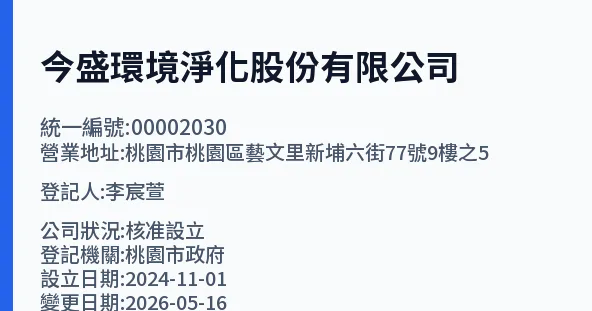 今盛環境淨化股份有限公司的照片-統編 00002030(桃園市) 公司登記資料與營業項目詳細圖表