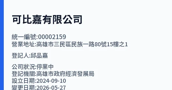 可比嘉有限公司的照片-統編 00002159(高雄市) 公司登記資料與營業項目詳細圖表