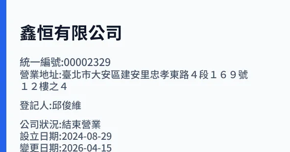 鑫恒有限公司的照片-統編 00002329(臺北市) 公司登記資料與營業項目詳細圖表