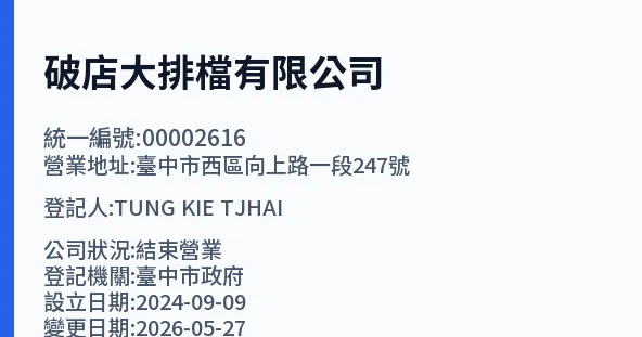 破店大排檔有限公司的照片-統編 00002616(臺中市) 公司登記資料與營業項目詳細圖表