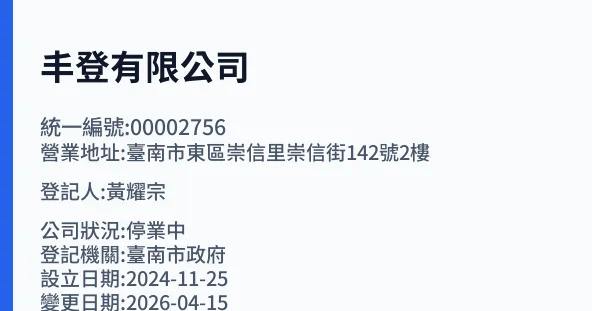 丰登有限公司的照片-統編 00002756(臺南市) 公司登記資料與營業項目詳細圖表