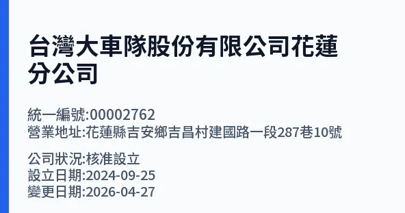 台灣大車隊股份有限公司花蓮分公司的照片-統編 00002762(花蓮縣) 公司登記資料與營業項目詳細圖表