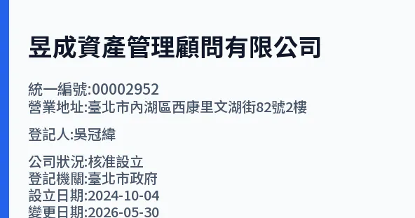 昱成資產管理顧問有限公司的照片-統編 00002952(臺北市) 公司登記資料與營業項目詳細圖表