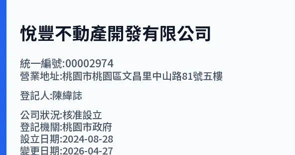 悅豐不動產開發有限公司的照片-統編 00002974(桃園市) 公司登記資料與營業項目詳細圖表