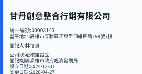 甘丹創意整合行銷有限公司的照片-統編 00003143(高雄市) 公司登記資料與營業項目詳細圖表