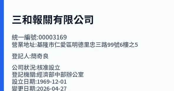 三和報關有限公司的照片-統編 00003169(基隆市) 公司登記資料與營業項目詳細圖表