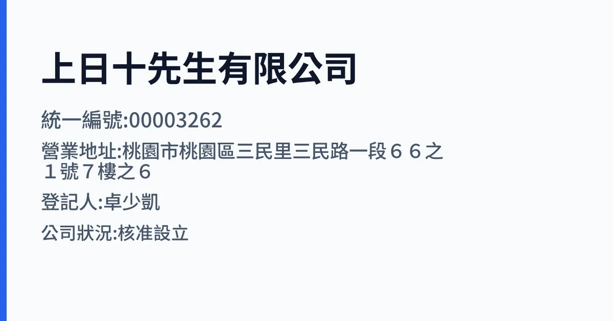 上日十先生有限公司 - 統編 00003262(桃園市) 公司登記資料與營業項目詳細圖表