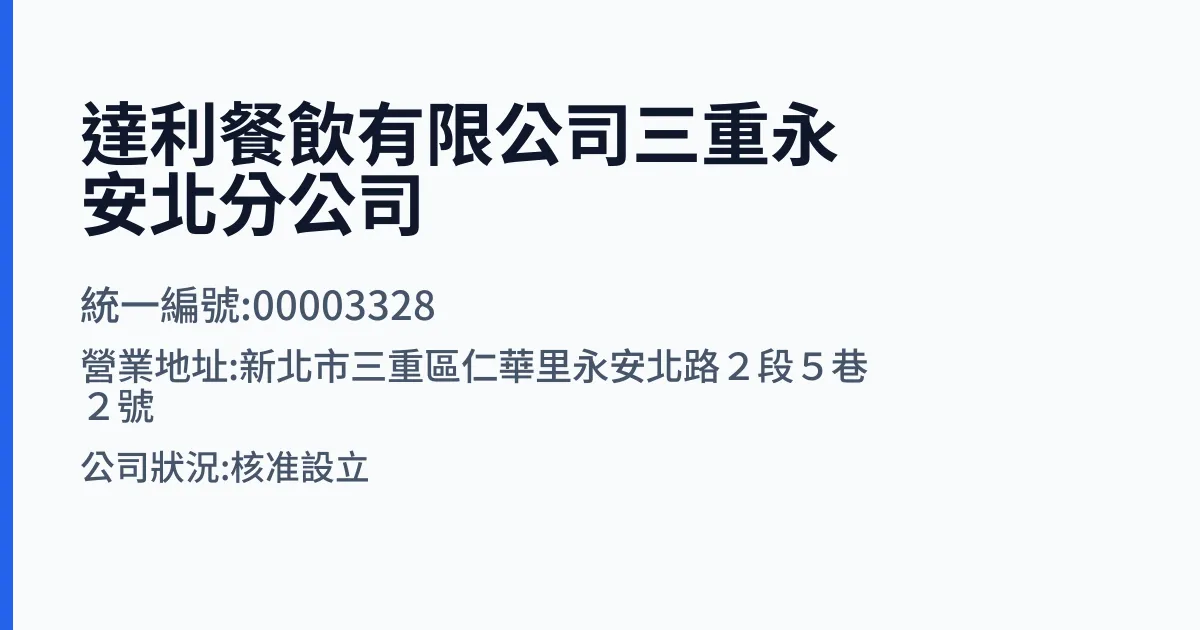 達利餐飲有限公司三重永安北分公司 - 統編 00003328（新北市） 公司登記資料與營業項目詳細圖表