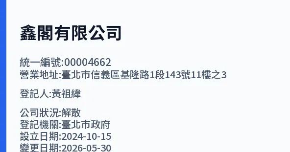 鑫閣有限公司的照片-統編 00004662(臺北市) 公司登記資料與營業項目詳細圖表