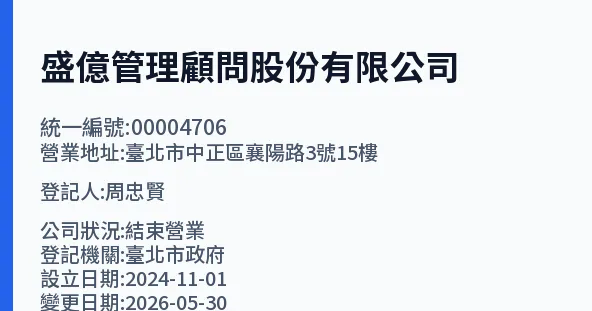 盛億管理顧問股份有限公司的照片-統編 00004706(臺北市) 公司登記資料與營業項目詳細圖表