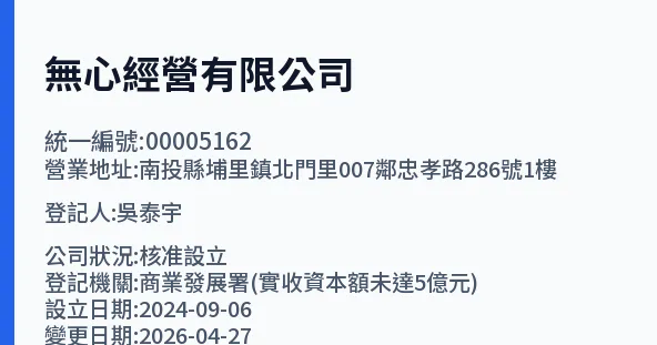 無心經營有限公司的照片-統編 00005162(南投縣) 公司登記資料與營業項目詳細圖表