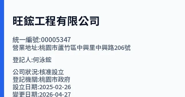 旺鋐工程有限公司的照片-統編 00005347(桃園市) 公司登記資料與營業項目詳細圖表