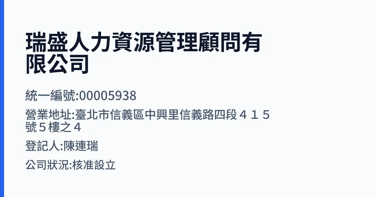 瑞盛人力資源管理顧問有限公司 - 統編 00005938(臺北市) 公司登記資料與營業項目詳細圖表