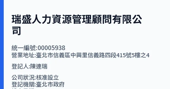 瑞盛人力資源管理顧問有限公司的照片-統編 00005938(臺北市) 公司登記資料與營業項目詳細圖表