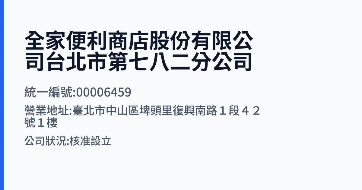 全家便利商店股份有限公司台北市第七八二分公司 - 統編 00006459（臺北市） 公司登記資料與營業項目詳細圖表