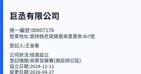 巨丞有限公司的照片-統編 00007176(雲林縣) 公司登記資料與營業項目詳細圖表