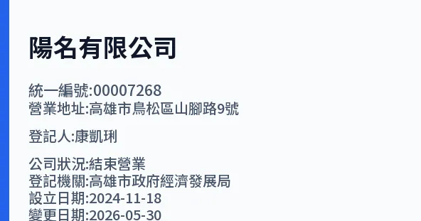 陽名有限公司的照片-統編 00007268(高雄市) 公司登記資料與營業項目詳細圖表