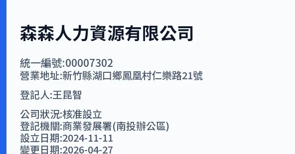 森森人力資源有限公司的照片-統編 00007302(新竹縣) 公司登記資料與營業項目詳細圖表