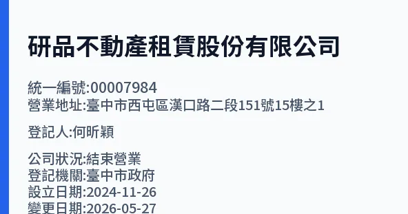 研品不動產租賃股份有限公司的照片-統編 00007984(臺中市) 公司登記資料與營業項目詳細圖表