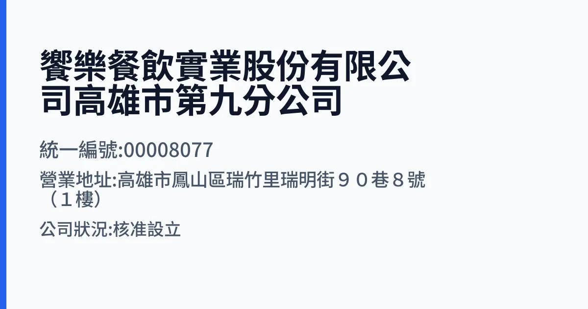 饗樂餐飲實業股份有限公司高雄市第九分公司 - 統編 00008077(高雄市) 公司登記資料與營業項目詳細圖表