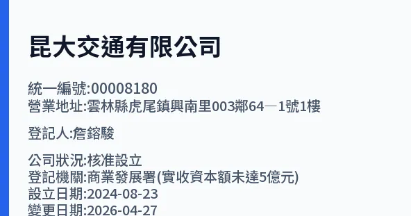 昆大交通有限公司的照片-統編 00008180(雲林縣) 公司登記資料與營業項目詳細圖表
