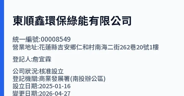 東順鑫環保綠能有限公司的照片-統編 00008549(花蓮縣) 公司登記資料與營業項目詳細圖表