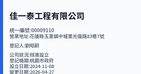 佳一泰工程有限公司的照片-統編 00009110(花蓮縣) 公司登記資料與營業項目詳細圖表