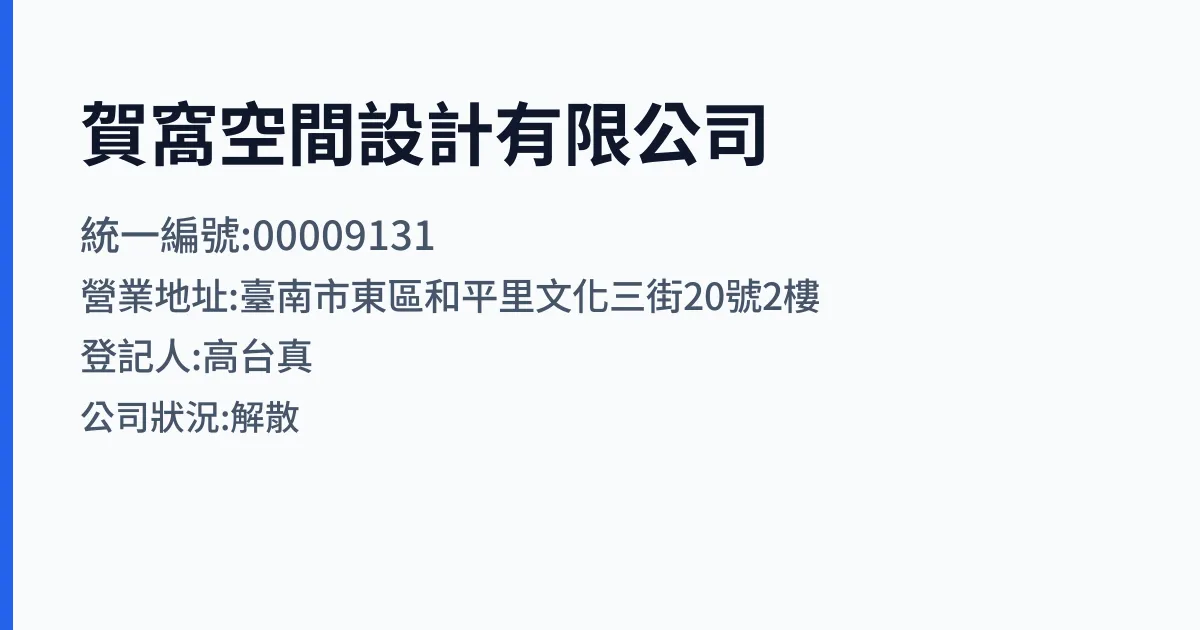 賀窩空間設計有限公司 - 統編 00009131(臺南市) 公司登記資料與營業項目詳細圖表