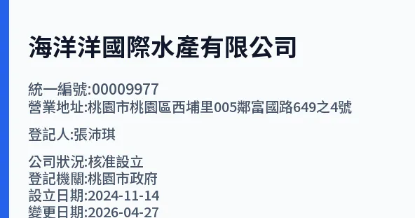 海洋洋國際水產有限公司的照片-統編 00009977(桃園市) 公司登記資料與營業項目詳細圖表