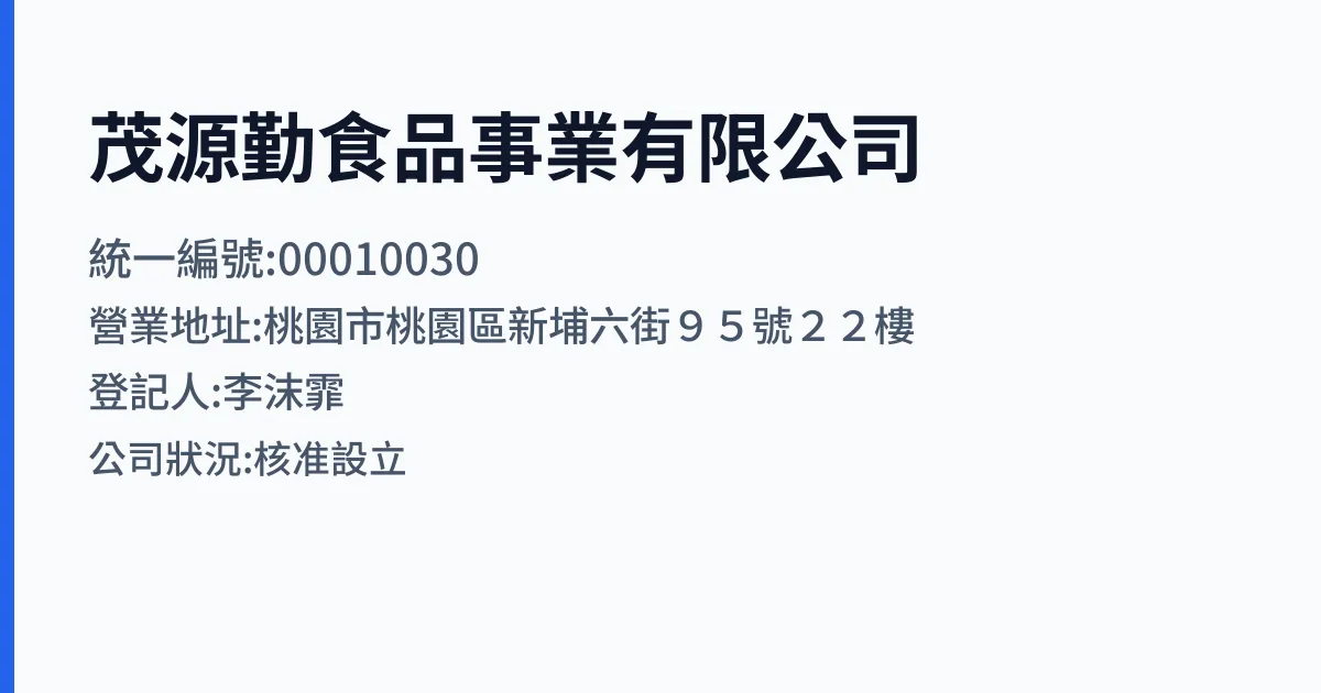 茂源勤食品事業有限公司 - 統編 00010030(桃園市) 公司登記資料與營業項目詳細圖表