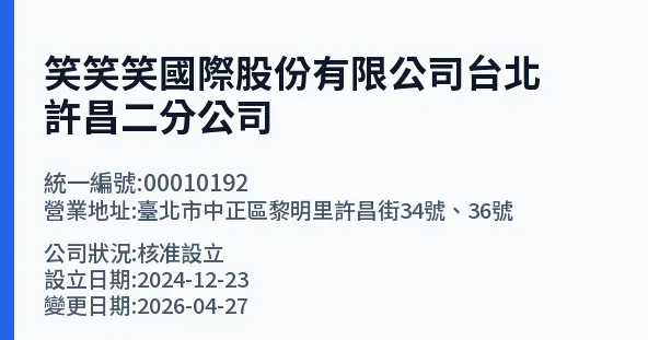 笑笑笑國際股份有限公司台北許昌二分公司的照片-統編 00010192(臺北市) 公司登記資料與營業項目詳細圖表