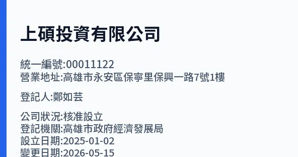 上碩投資有限公司的照片-統編 00011122(高雄市) 公司登記資料與營業項目詳細圖表