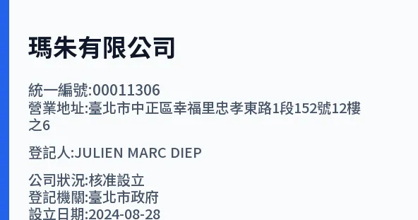 瑪朱有限公司的照片-統編 00011306(臺北市) 公司登記資料與營業項目詳細圖表