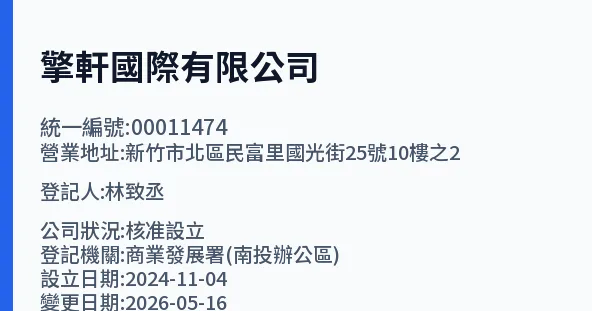擎軒國際有限公司的照片-統編 00011474(新竹市) 公司登記資料與營業項目詳細圖表