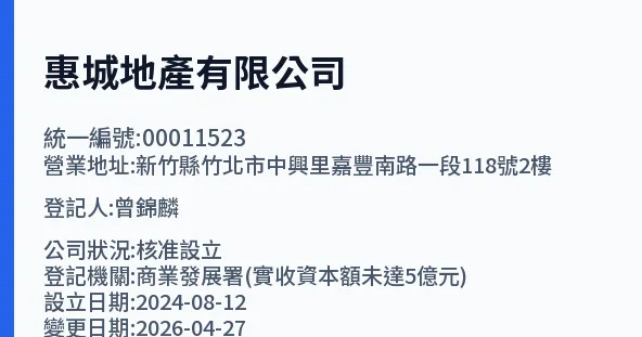 惠城地產有限公司的照片-統編 00011523(新竹縣) 公司登記資料與營業項目詳細圖表
