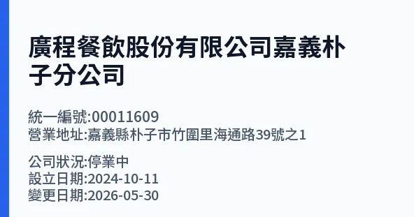 廣程餐飲股份有限公司嘉義朴子分公司的照片-統編 00011609(嘉義縣) 公司登記資料與營業項目詳細圖表