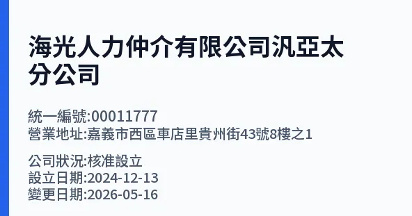 海光人力仲介有限公司汎亞太分公司的照片-統編 00011777(嘉義市) 公司登記資料與營業項目詳細圖表