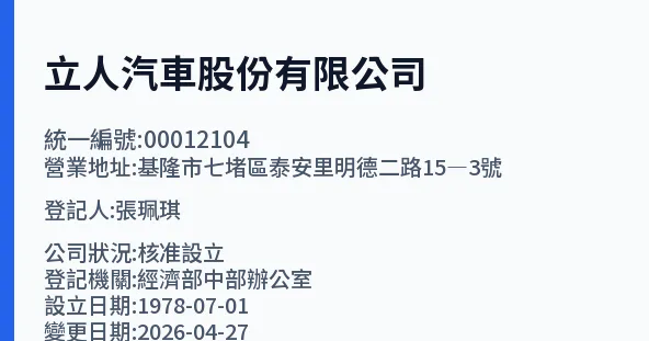 立人汽車股份有限公司的照片-統編 00012104(基隆市) 公司登記資料與營業項目詳細圖表