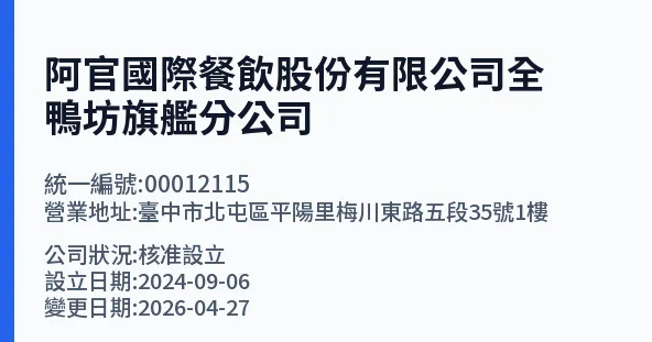 阿官國際餐飲股份有限公司全鴨坊旗艦分公司的照片-統編 00012115(臺中市) 公司登記資料與營業項目詳細圖表