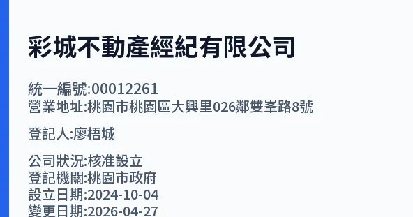 彩城不動產經紀有限公司的照片-統編 00012261(桃園市) 公司登記資料與營業項目詳細圖表