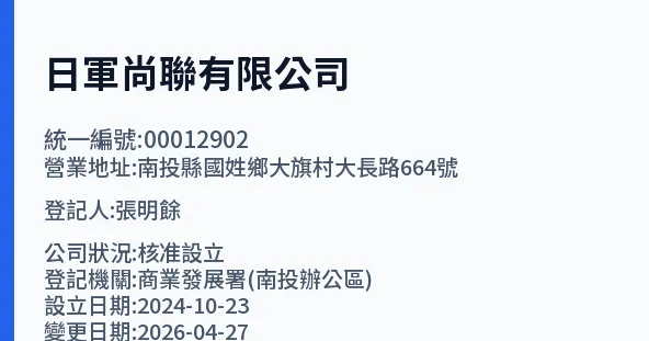 日軍尚聯有限公司的照片-統編 00012902(南投縣) 公司登記資料與營業項目詳細圖表
