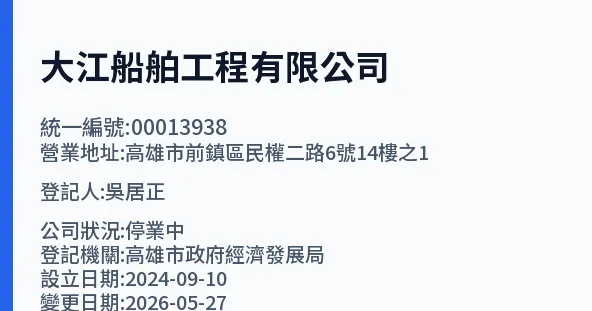 大江船舶工程有限公司的照片-統編 00013938(高雄市) 公司登記資料與營業項目詳細圖表