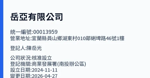 岳亞有限公司的照片-統編 00013959(宜蘭縣) 公司登記資料與營業項目詳細圖表