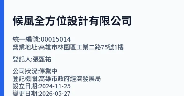 候風全方位設計有限公司的照片-統編 00015014(高雄市) 公司登記資料與營業項目詳細圖表