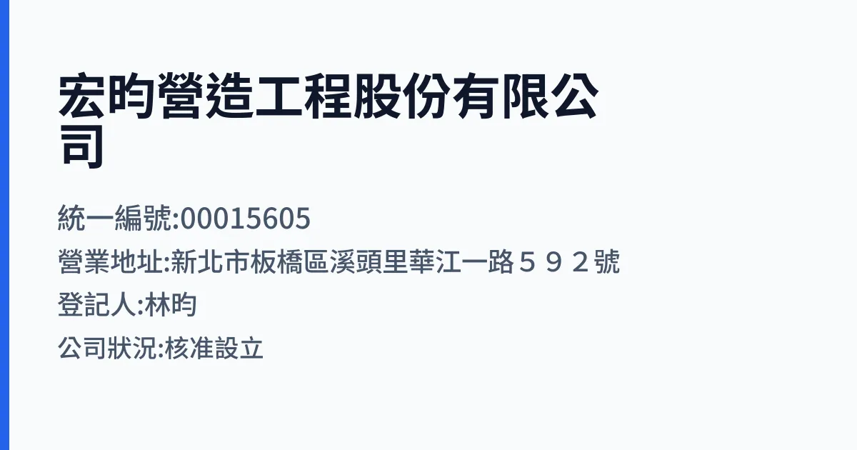 宏昀營造工程股份有限公司 - 統編 00015605(新北市) 公司登記資料與營業項目詳細圖表